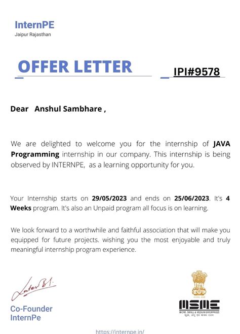 Anshul Sambhare On Linkedin Opportunity Java Internship