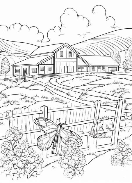 Un Dibujo En Blanco Y Negro De Una Granja Con Una Mariposa En La Valla