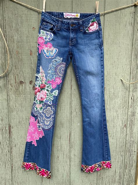 Artisan Patchwork Boho Hippy Butterfly Garden Embroidered Denim Jeans