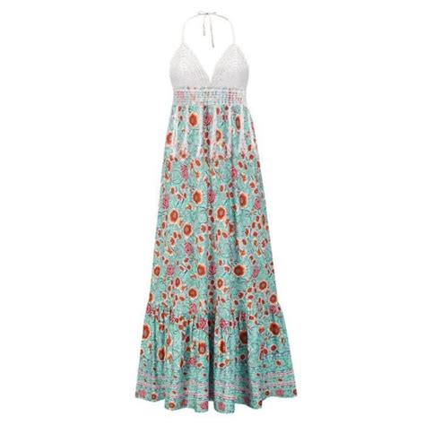 Kjehome Robe Femme Florale Frangée Dos Nu Robe Sexy Vert Zhishang