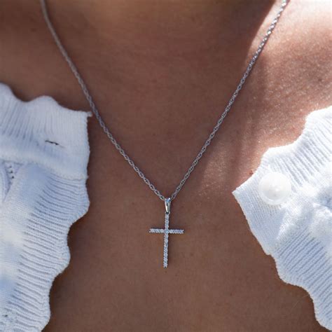14k White Gold Lab Created Diamond Cross Necklace 020 Ctw F G Vs