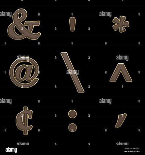 3d Rendering Set Of Leather And Gold Luxurious Font Alphabet Numbers And Punctutation Marks