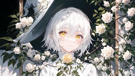 Wallpaper Girl Hat Roses Bouquet Flowers Anime Hd Picture Image