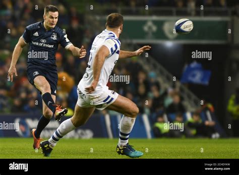 Leinsters Johnny Sexton In Action Challenged By Baths Jamie Roberts