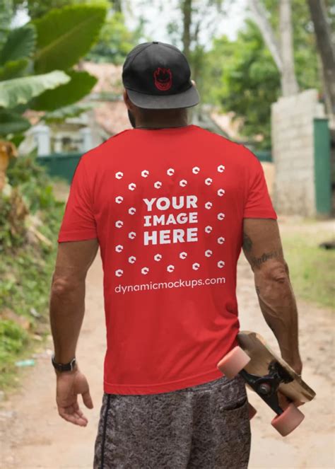 Man Wearing Red T Shirt Mockup Back View Template