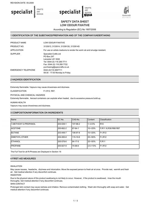 SAFETY DATA SHEET LOW ODOUR FIXATIVE