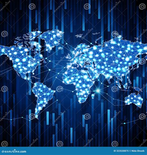 Digital World Map Of Interconnected Dots Blue With Bright Spots Data Streams Stock