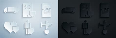 방패 찢어진 계약 심장 비행기 스마트 폰 및 배달화물 트럭 아이콘과 생명 보험을 설정하십시오 벡터 보험에 대한 스톡 벡터 아트 및 기타 이미지 Istock