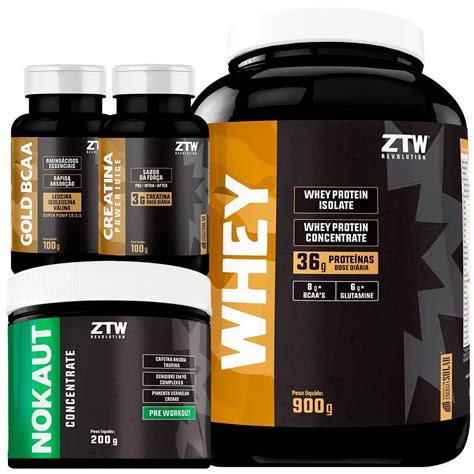 Kit Whey Protein 900g Bcaa 100g Creatina 100g Pré Treino Nokaut