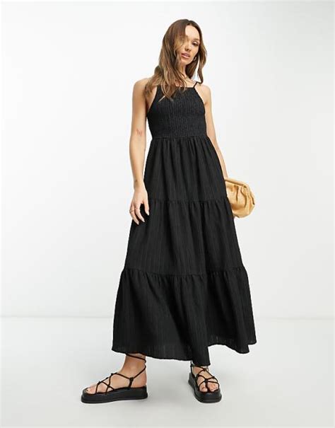 Asos Design Gesmoktes Maxi Sommerkleid In Schwarz Mit Eckigem