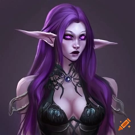 Night Elf Female With Dark Purple Skin In A Black Night Gown And Long
