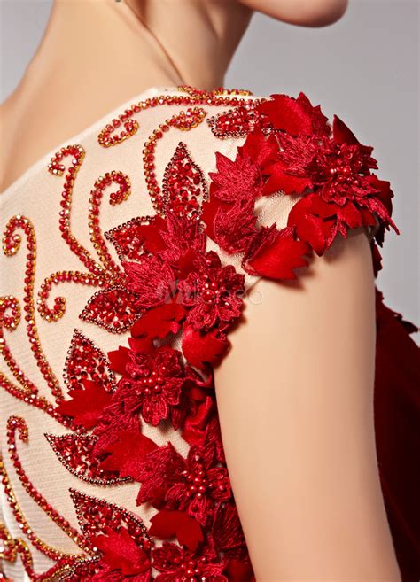 Red V Neck Beading A Line Short Sleeves Evening Dress For Women