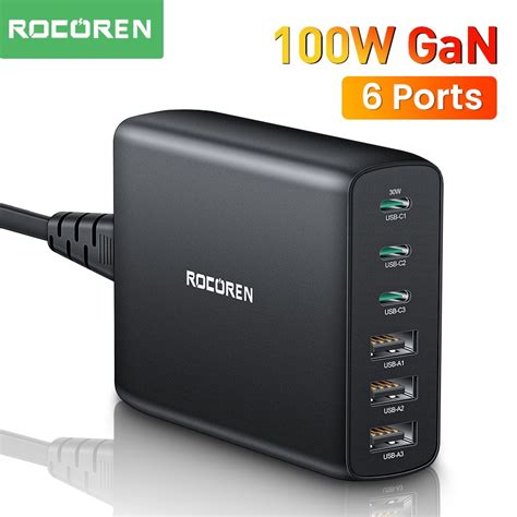 Rocoren ที่ชาร์จ 100w Gan 6 พอร์ต Usb Type C Pd ชาร์จเร็ว 40 30 Usb