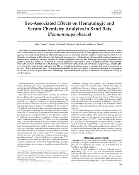 Pdf Sex Associated Effects On Hematologic And Serum Chemistry