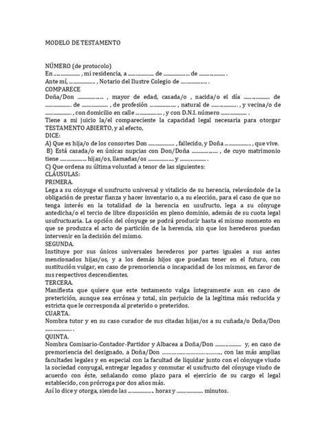 Modelo De Testamento Pdf Herencia Justicia