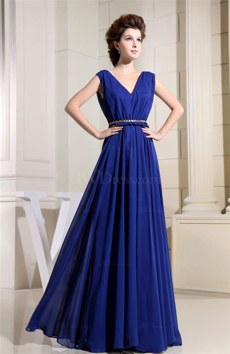 Electric Blue Casual V Neck Sleeveless Chiffon Pleated Bridesmaid