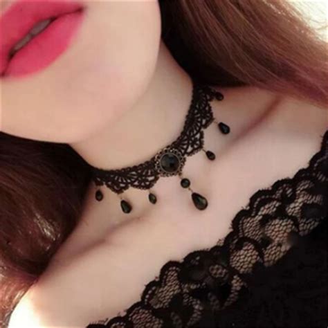 Collares Sexy Gothic Chokers Crystal Black Lace Neck Choker Necklace V