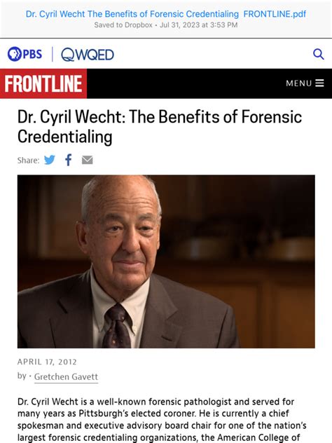 Dr Cyril Wecht The Benefits Of Forensic Credentialing Frontline Pdf