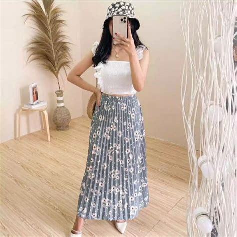 Jual Rok Plisket Motif Bunga Premium Rok Plisket Motif Bunga Lily Daily Rok Motif Bunga