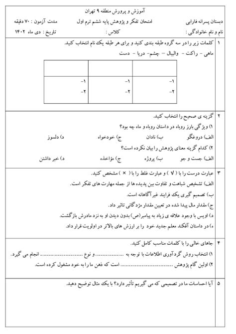 آزمون نوبت اول تفکر و پژوهش پایه ششم دبستان فارابی دی ماه 1402 گاما