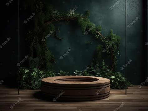 화장품 제품 광고 스탠드 잎과 그림자가 있는 녹색 배경에 있는 나무 연단 제품 포장을 표시하기 위한 빈 받침대 Mockup Generative Ai 무료 사진