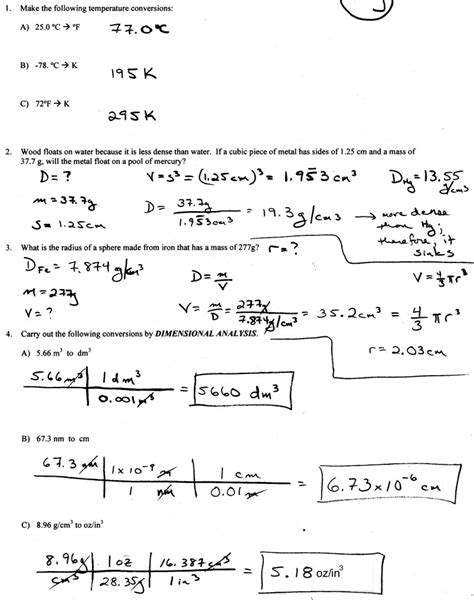 dimensional analysis problems conversions factors worksheet answer key