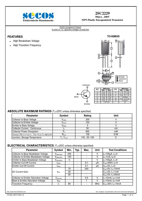 2sc2229 Datasheet Pdf Npn Transistor Secos Halbleitertechnologie Gmbh