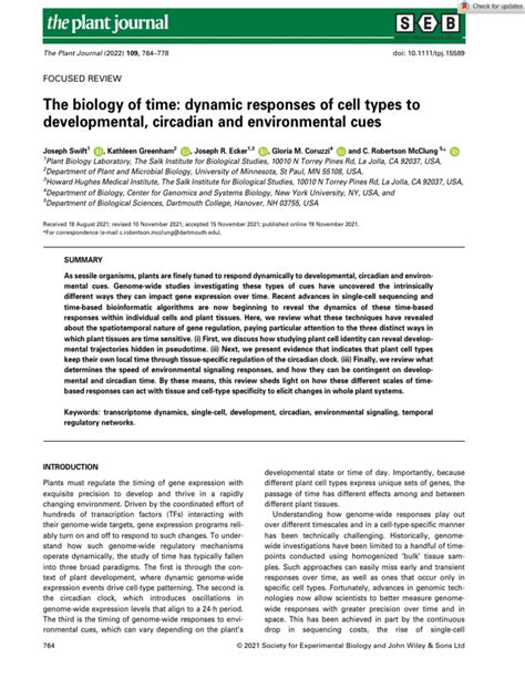 The Plant Journal 2021 Swift The Biology Of Time Dynamic