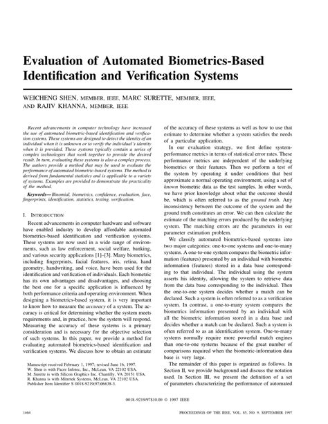 Pdf Evaluation Of Automated Biometrics Based Identification And Verification Systems