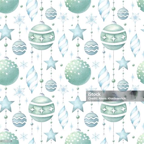크리스마스 유리 나무 공 수채화 완벽 한 패턴 녹색과 파란색 색상 손으로 그린 겨울 일러스트 새해 축제 포장 종이 섬유 직물 벽지에 대 한 흰색 절연 12월에 대한 스톡