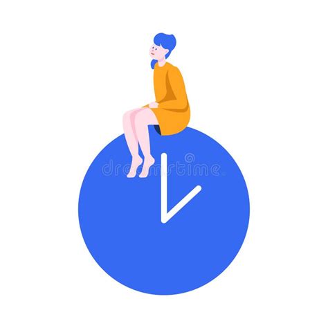 Tiny Woman Character Sitting On Huge Blue Clock Dial Vector