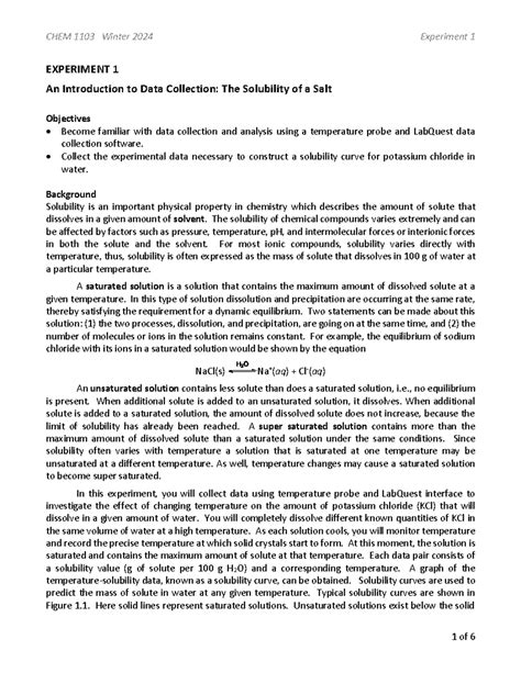 Exp 1 The Solubility Of A Salt Experiment 1 An Introduction To Data