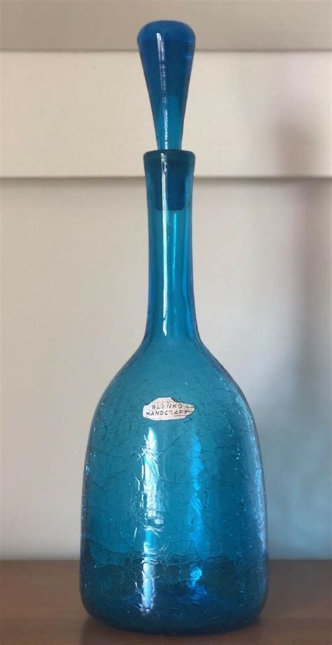 Vintage Blenko Peacock Turquoise Blue Crackle Glass Wine Liquor