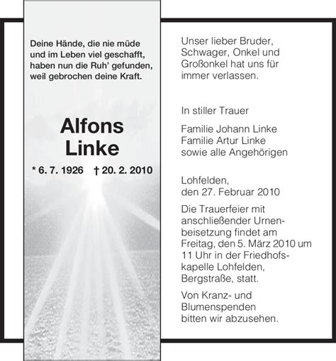 Traueranzeigen Von Alfons Linke Trauer HNA De