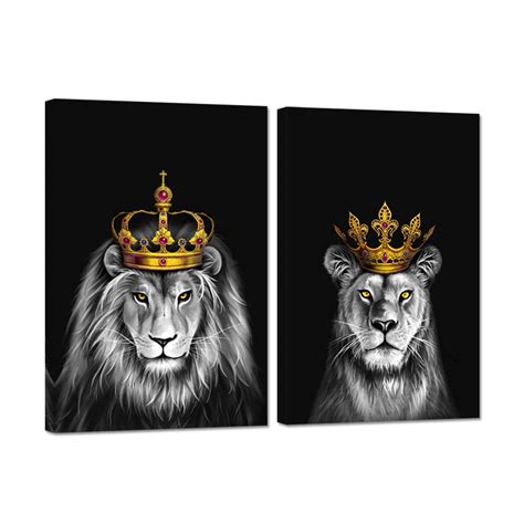 Ihappywall2 Pieces Set Lion And Lioness Canvas Wall Art Black