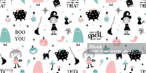 고양이 모자 박쥐와 장식 재미 손 그린 할로윈 원활한 패턴 직물 배너 배경 화면 포장에 좋은 벡터 디자인 거미에 대한 스톡 벡터