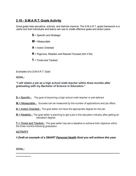 Goals Assignment Careers 2 Smar Goals Activity Good Goals