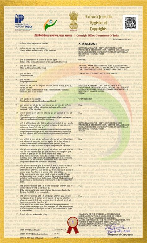Dr Devendra Nagpal Received A Copyright From Copyright Office Goi For Artistic Work 7th March