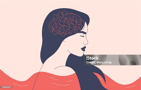 고르지 않은 물에 날아다니는 머리를 가진 우울한 여인 잃어버린 소녀는 좌절하고 혼란스러운 생각을 느낍니다 심리적 문제 정신 질환