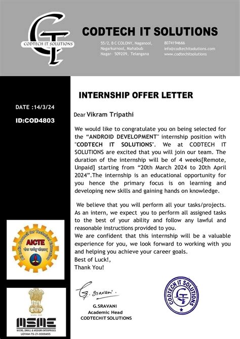 Vikram Tripathi On Linkedin Codtech It Solutions Internship Offer