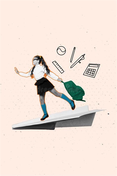 Collage 3d Image Sketch Of Funny Girl Paper Plane Flying School Day