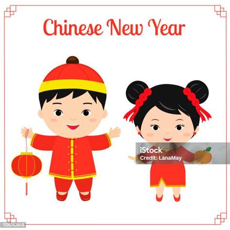 중국 새 해 복 많이와 인사말 카드입니다 두 아이소년과 손전등과 북경어와 중국 붉은 양복에 여자 중국의 달력에 2019의 상징입니다 벡터 2019년에 대한 스톡 벡터 아트