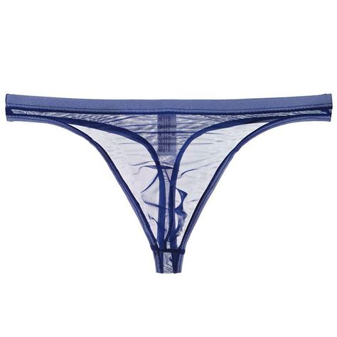 Binbil Mens See Through Bulge Thong Underwear Sheer Mesh String Tangas Show Much T Back Blue 14