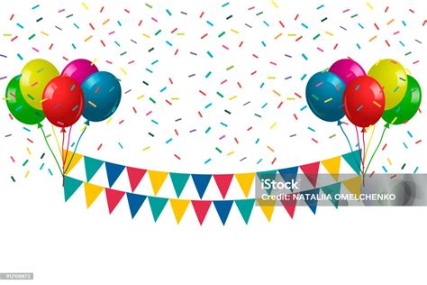 다채로운 풍선 여러 창 기 색종이와 생일 축 하 배경 축제 깃발 그리고 색종이입니다 카니발 파티 공란에 대한 스톡 벡터 아트 및