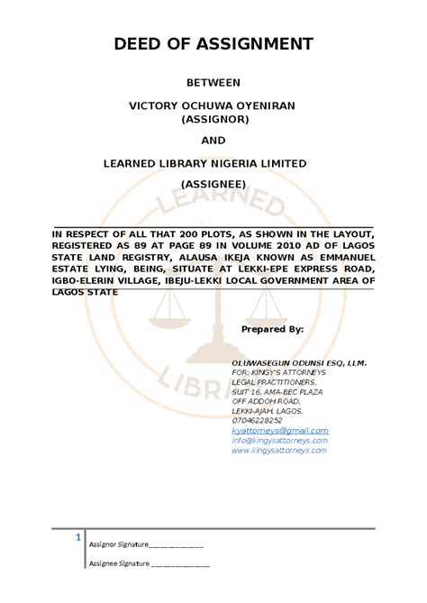 Deed Of Assignment Deed Of Assignment Between Victory Ochuwa Oyeniran Assignor And Learned