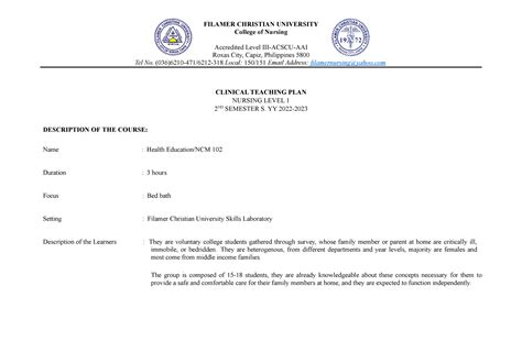 Clinical Teaching Plan Reg Filamer Christian University College Of