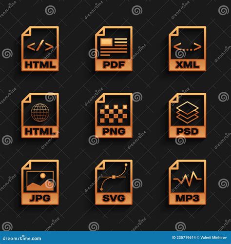 Set Png File Document Svg Mp3 Psd  And Html Icon Vector Stock Vector Illustration Of