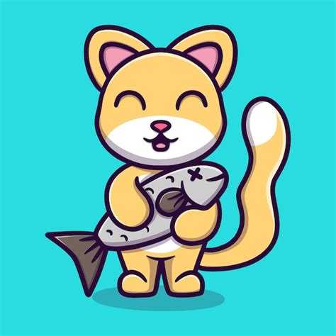 물고기 만화 벡터 아이콘 그림을 들고 귀여운 고양이 프리미엄 벡터