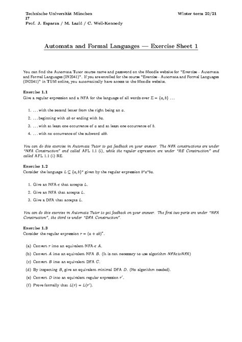 Exercise Sheet 1 With Solutions Dfas Nfas Regular Expressions
