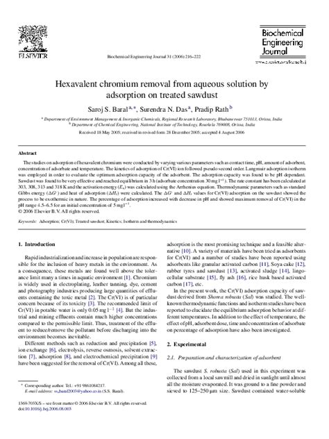 Pdf Hexavalent Chromium Removal From Aqueous Solution By Adsorption On Treated Sawdust